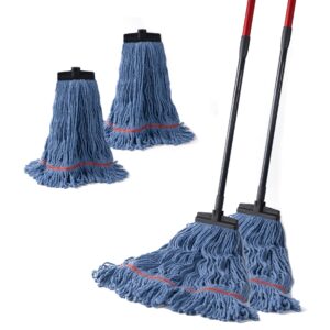 matthew commercial&residential mop heavy duty industrial mops with screw-on handle(fit standard american screw) looped-end string wet cotton mops for home,office,workshop - 2 set&2 mop replacements