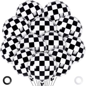 checkered balloons, 12 pcs checkered racing foil balloons, 18 inch black and white checkerboard mylar balloons for race car birthday party supplies decoration