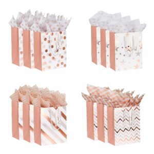 dimetey 12pcs 9" gift bags, medium size paper bags with tissue paper, white gold wrap paper gift bags with handles for shopping party wedding baby shower holiday presents (rose gold)