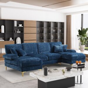 ouyessir chenille u-shaped sectional sofa couch, 4 seat sofa set for living room with 4 pillows, 114" l-shaped chenille sleeper couch set with double chaise lounge (blue)