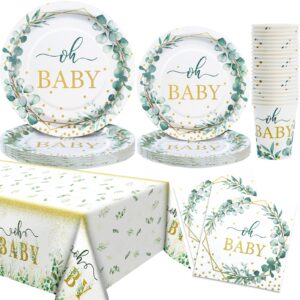 gudvilla sage green baby shower plates and cups and napkins sets, with sage green tablecloth, baby shower decorations neutral, oh baby plates for boho baby shower decorations sage green, serves 25