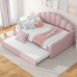 softsea daybeds with trundle, full upholstered daybed with trundle, pink modern velvet upholstered daybed with shell headboard, full size tufted sofa bed daybed frame for bedroom, pink