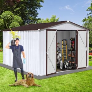 emkk 8 x 10 ft storage shed outdoor backyard garden tool shed with hinged door, padlock, 2 airy vents, & durable steel for garden, backyard, lawn