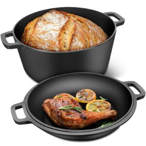 rainbean 2-in-1 pre-seasoned cast iron dutch oven pot with skillet lid cooking pan,5.5 qt dual handles dutch oven pot with lid,heavy-duty non-stick round dutch oven for bread baking, stewing, roasting