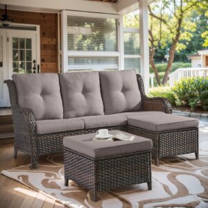 outdoor patio furniture - 3 seater outdoor rattan wicker sofa patio couch with ottoman for porch deck garden backyard - brown/grey