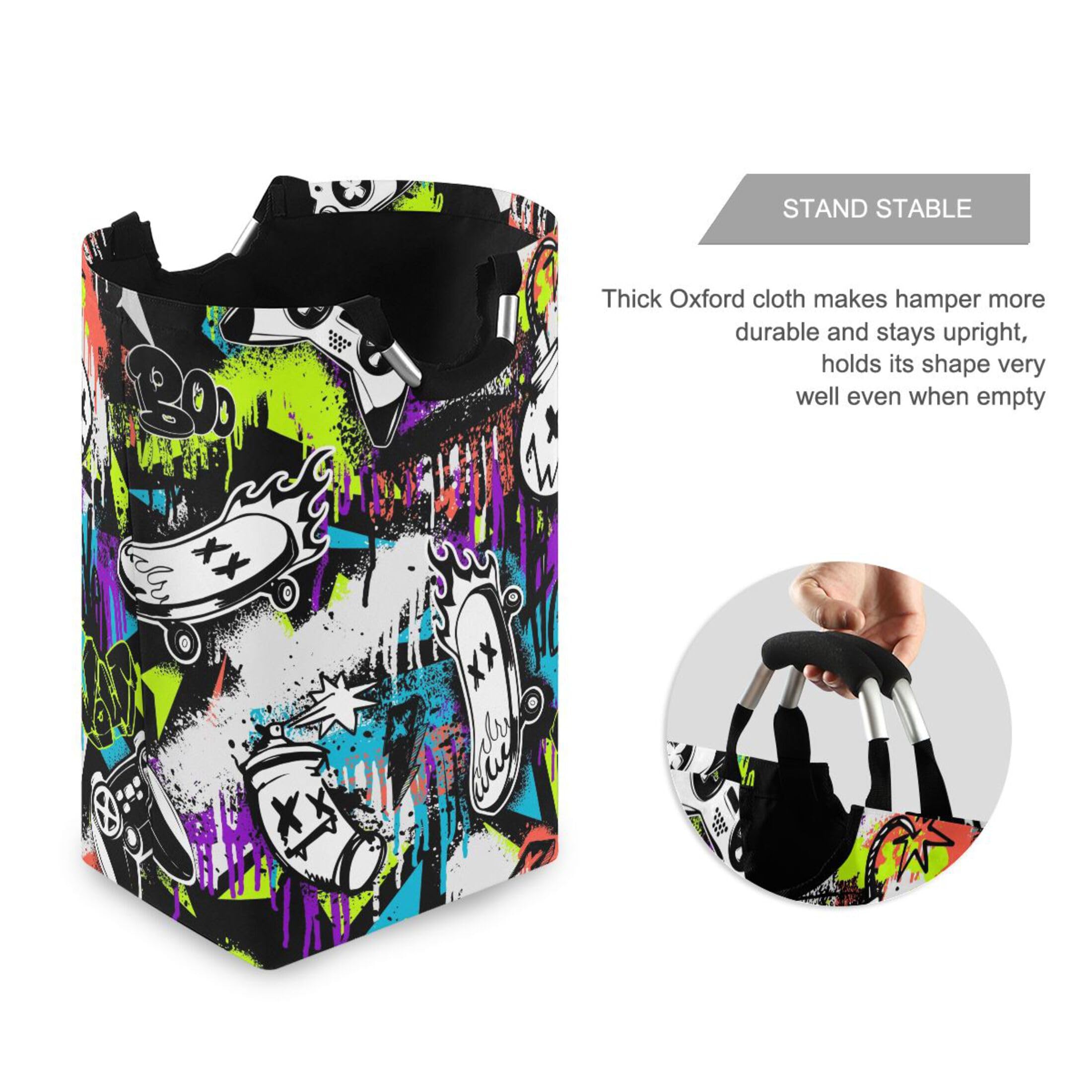 xigua Graffiti Skateboard Cartoon Laundry Hamper with Handle, Freestanding Clothes Hamper Collapsible Laundry Basket Storage Basket for Toys Clothes Organizer