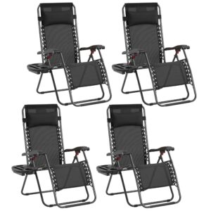 yaheetech zero gravity recliners outdoor adjustable folding reclining lounge chairs w/pillows, cup holder trays and carry strap for patio backyard beach black set of 4