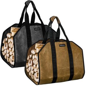 infinicare firewood carrier with handles - 2pcs heavy duty canvas firewood bag with handles | durable wood carrier for firewood | suitable for indoor fireplace and outdoor camping - brown & black