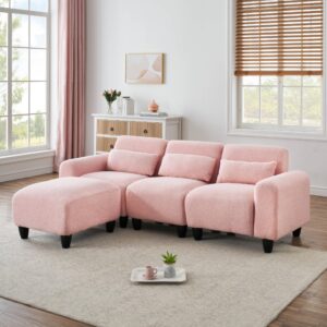 freesnooze 84.6 inch modern teddy sectional sofa l-shaped couch with 3 waist pillows for small apartment, bedroom, spaces(pink)