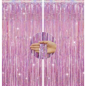 anwyll pink metallic foil fringe backdrop curtains,2pack tinsel curtain party streamers photo backdrop for birthday decoration,glitter pink backdrop for wedding graduation bachelor party decorations