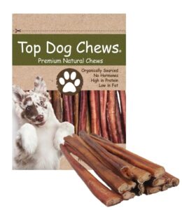 top dog chews - thick 12 inch bully sticks, 100% natural beef, free range, grass fed, high protein, supports dental health & easily digestible, dog treat, 10 pack (10 count 12", odor free beef)