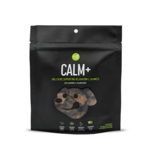 get joy calm+ stress support dog supplement chews, 90 soft chews, chicken flavor, supports sleep & relaxation, with chamomile & valerian root, phd animal nutritionist formulated, produced in usa