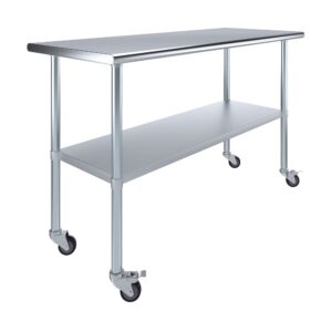 amgood 24 in. x 60 in. stainless steel work table with wheels | metal kitchen food prep table | nsf