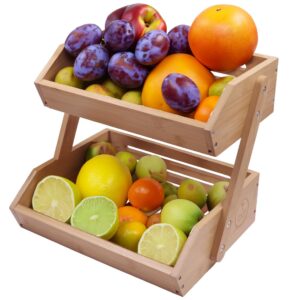 palm naki® bamboo fruit basket 2-tier - sturdy & attractive space-saving fruit stand design, easy assembly, enhanced air circulation, fruit storage (natural bamboo)