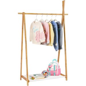 jotsport bamboo kids dress up rack foldable kids clothing rack with farbic storage small open wardorbe closet for play room, nursery, baby shower