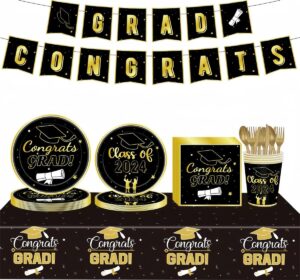 2024 graduation party supplies,graduation party decorations,black & gold disposable paper plates napkins cups tablecloth banner for congrats grad (serves 24)