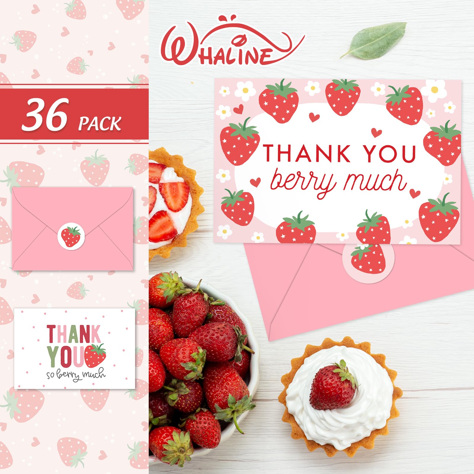 Whaline 36 Pack Strawberry Thank You Cards Pink Fruit Greeting Cards with Envelopes & Stickers Blank Note Cards for Baby Shower Birthday Party Invitation Supplies