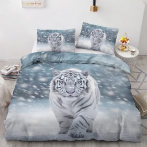 zcwl white tiger duvet cover king size | animal bedding set | 3 piece | soft microfiber patterned comforter cover with zipper ties & 2 pillowcases | tiger bedroom decor