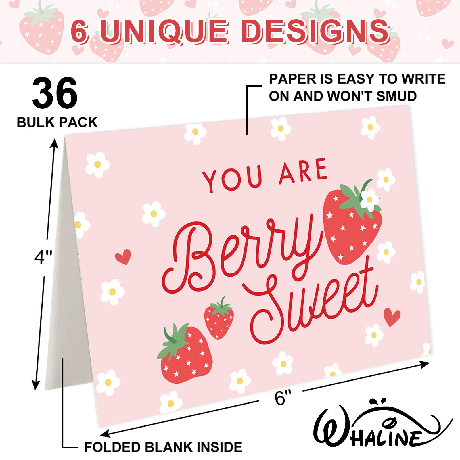 Whaline 36 Pack Strawberry Thank You Cards Pink Fruit Greeting Cards with Envelopes & Stickers Blank Note Cards for Baby Shower Birthday Party Invitation Supplies