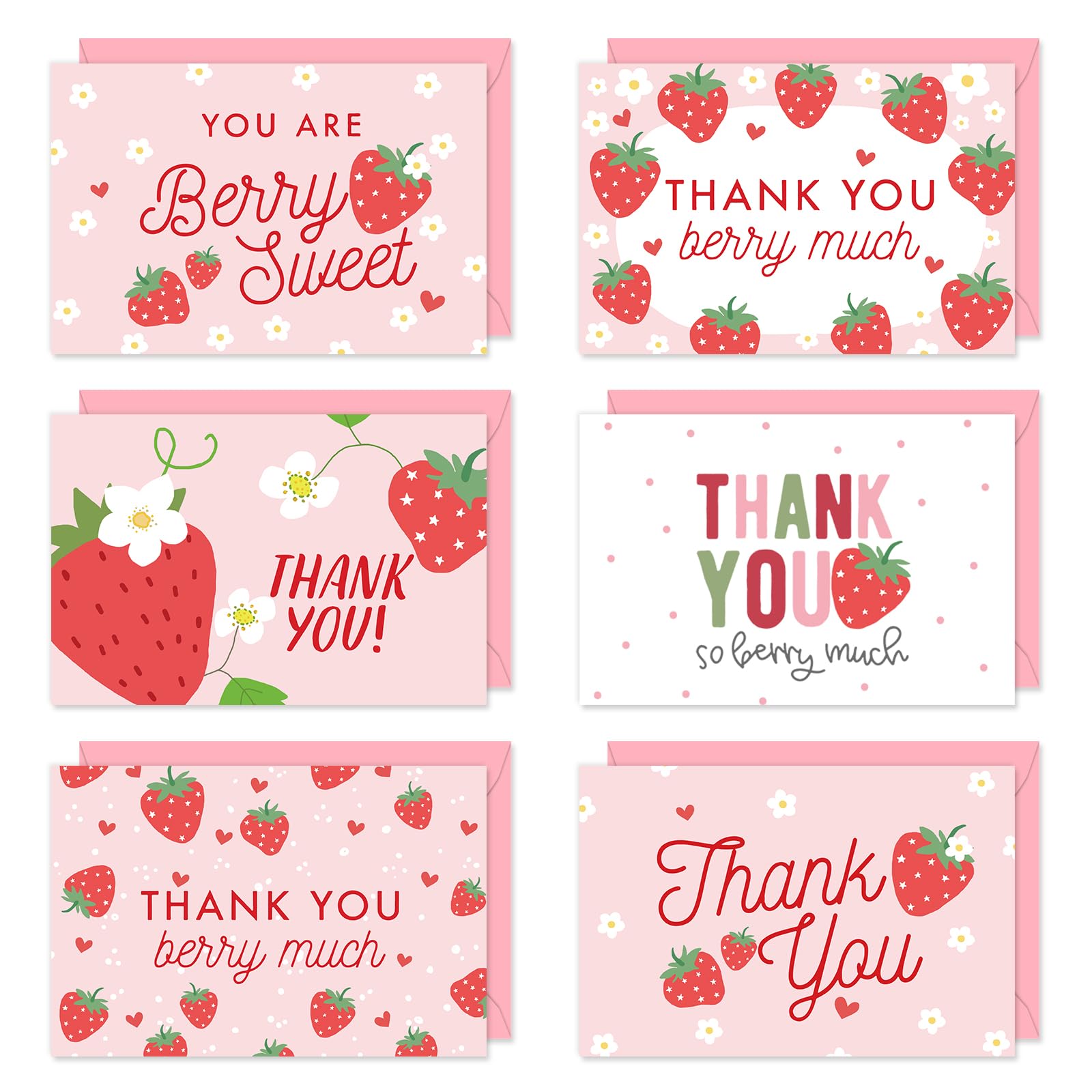 Whaline 36 Pack Strawberry Thank You Cards Pink Fruit Greeting Cards with Envelopes & Stickers Blank Note Cards for Baby Shower Birthday Party Invitation Supplies