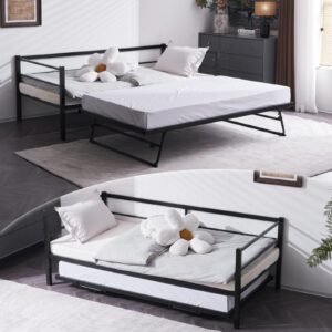 vingli daybed with pop up trundle, heavy duty metal twin bed with trundle, no box spring needed, black