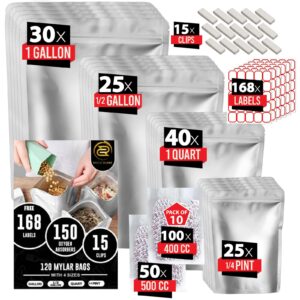 120 mylar bags with 150 oxygen absorbers-168 labels & stand-up reusable bags- 4 sizes airtight smell proof bags - resealable bags with 15 clips-11 mil food storage bags-large mylar bags