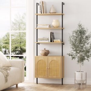 ladder bookshelf with cabinet, 6 tier wall mount ladder bookcase with rattan cabinet, tall open ladder shelf with metal frame for living room, bathroom, home office, natural