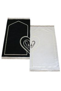 ihvan online, muslim prayer rug for couples, praying mat set for women & men, heart patterned, soft, prayer beads, islamic gifts for ramadan eid valentines day, two pieces, white-black