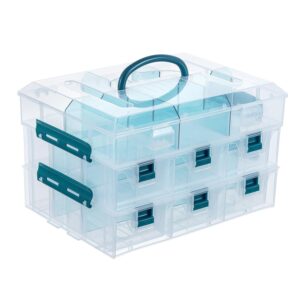 mygift 11 inch clear arts and crafts stackable container, sewing supplies storage organizer case with blue accents, 24 customizable compartments, and 6 drawers with removable dividers