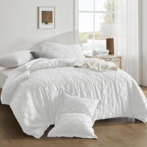 downluxe boho duvet cover queen - embroidery shabby chic queen duvet cover set for all seasons, 3 pieces tufted boho bedding, comforter cover with zipper (white 02, queen, 90" x 90")