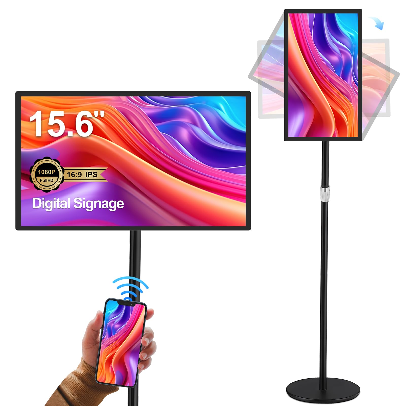 AYSTekMann 15.6'' Interactive LCD Digital Signage Display Advertising Kiosk with wireless screen mirroring,5G WiFi 4+64GB With Auto Play All in One Android with Adjustable Metal Floor Stand