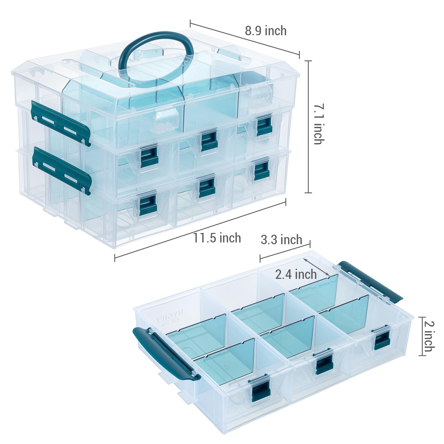 MyGift 11 Inch Clear Arts and Crafts Stackable Container, Sewing Supplies Storage Organizer Case with Blue Accents, 24 Customizable Compartments, and 6 Drawers with Removable Dividers