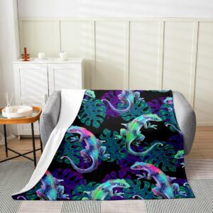 erosebridal gecko blanket, lizard throw blanket throw 50x60, tropical monstera fleece blanket, reptiles animal theme fuzzy blanket for kids boys girls adult bedroom living room, green purple black