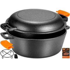 liferun dutch oven pot with lid, 5.1 quart pot without lid + 1.9 quart lid - cast iron dutch oven with lid - lid doubles as cast iron skillet - silicone handle holders, iron stand - use in the oven, stove, bbq, grill, campfire