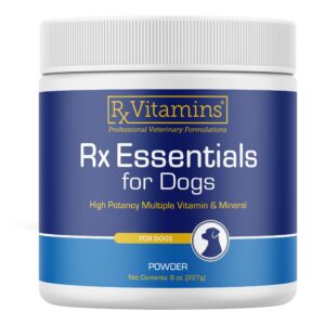 rx vitamins essentials for dogs - daily dog multivitamin powder - with blue spirulina for dogs, kelp powder, and milk thistle for dogs - complete dog vitamins and essential minerals - 8 oz