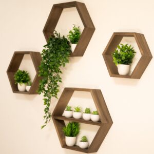 farm and posh large hexagon floating shelves set of 4 – honeycomb shelf, crystal display shelf, wood hexagon wall shelves, farmhouse display shelves for hexagon wall decor (dark walnut)