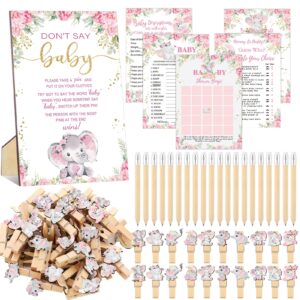 patelai 321 pcs baby shower games supplies, 5 sets (50 cards each) activities cards with 20 pencils 1 don't say baby sign 50 clothespin(pink elephant)