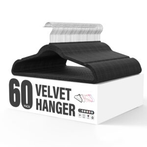 yssoa velvet hangers 60 pack, non-slip clothes hangers with shoulder notches, 360° swivel hooks, heavy duty standard hangers for closet space saving, black