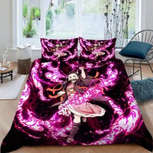 zekdoi japanese anime duvet cover set full size,demon kamado nezuko bedding comforter cover for teen boys girls bedroom decor, 3 pieces soft microfiber bedding sets with 2 pillowcases