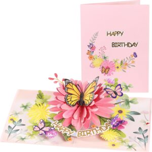 pop up birthday cards for women&wife, beautiful flowers and monarch butterfly, elegant, floral 3d happy birthday greeting cards, ideal gift for mom, sister, her, grandma, aunt, daughter, stepmother