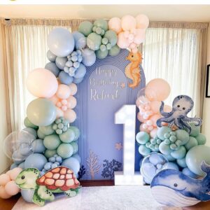 under the sea party decorations 146pcs dusty green blue pastel orange balloon garland arch kit with transparent bubble balloons for ocean animals theme kids birthday party baby shower supplies