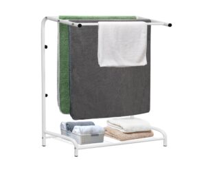 vsuingo freestanding towel rack, 32" l x 37.8" h for oversized bath towels, hand towels stand, adjustable height, 3-tier clothes drying holder with storage shelf for bathroom, aisle, pool (white)