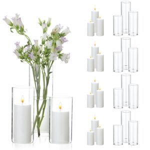 udu set of 12 pillar candles and 12 hurricane candle holders, slim pillar candle holder for pillar candles, cylinder vases for centerpieces wedding table party home decor(2.6" x 4.7", 5.9", 7.9")