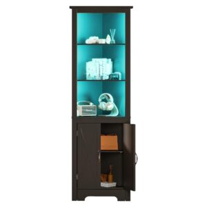 choochoo tall corner storage cabinet with led lights, 5-tier corner bookshelf stand with barn doors, 66.9" gothic corner display cabinet with adjustable shelf for living room, gaming room, black