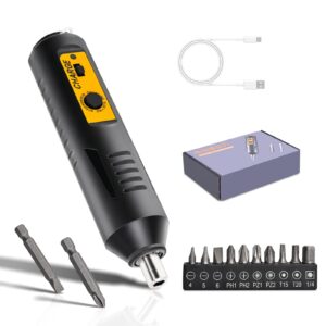 mini cordless electric screwdriver,rechargeable, can rotate clockwise or counterclockwise,with a button control and ultra long battery life,10 bits&2 extended bits, usb cable, magnetic hex chuck