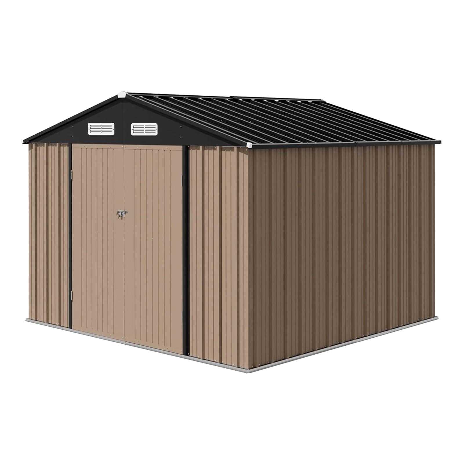 8.6'x10.4' Outdoor Storage Shed, Large Garden Shed, with Slooping Roof and 4 Vents. Updated Reinforced and Lockable Doors Frame Metal Storage Shed for Patiofor Backyard, Patio, Garage, Lawn，Brown