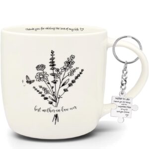 mallabylamma best mother in law ever coffee mug floral12 ounce ceramic, mother-in-law keychain, best mother in law birthday gift, thank you gift for mother in law mothers day christmas