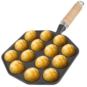 doerdo cast iron takoyaki pan, 14 holes takoyaki maker meat ball mold nonstick baking tray for octopus balls, 6.5 inch