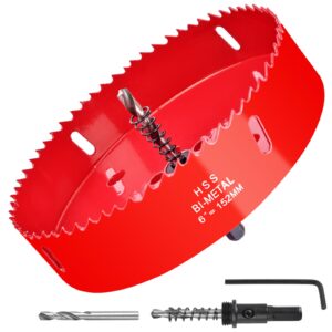 6 inch(152mm) hole saw for wood, plastic board, ceiling, drywall, plasterboard, and metal sheet - hss bi-metal hole cutter with pilot drill bit