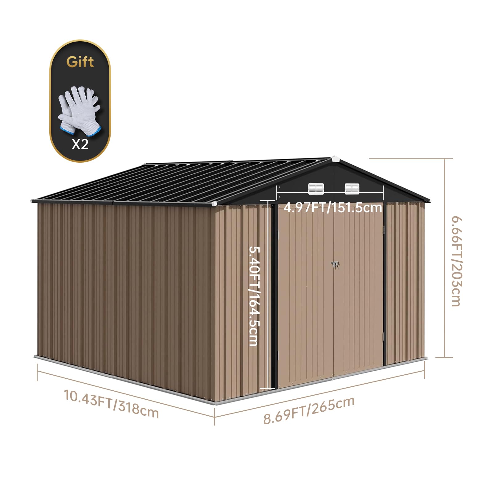 8.6'x10.4' Outdoor Storage Shed, Large Garden Shed, with Slooping Roof and 4 Vents. Updated Reinforced and Lockable Doors Frame Metal Storage Shed for Patiofor Backyard, Patio, Garage, Lawn，Brown